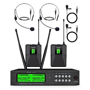 Kimyah Wireless Lavalier and Headset Microphone System,Dual UHF Cordless Bodypack Mics, 2 Lavalier and 2 Headset Microphones, 328ft Range,Ideal for Church and Teaching, Lecture(KY-6208)