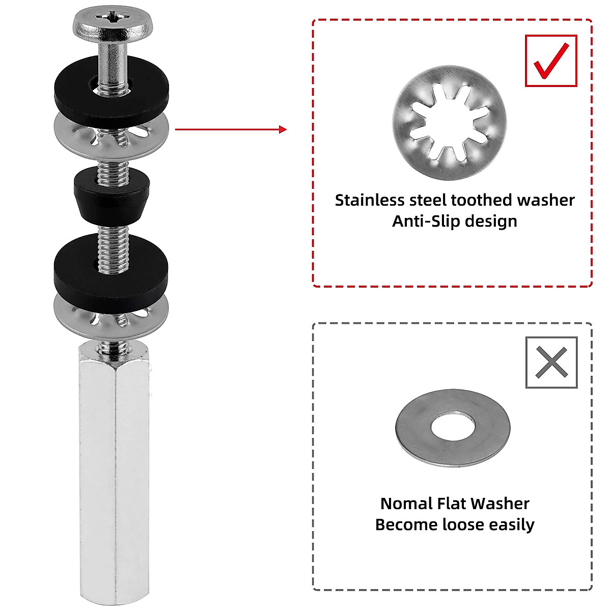 iFealClear 2 PCS Extra Long Toilet Seat Bolts Kit, Universal Heavy Duty Stainless Steel with Extra Long Downlock Nuts Rubber Toothed Gaskets, Easy to Install -Bathroom Toilet Bidet Repair Screw
