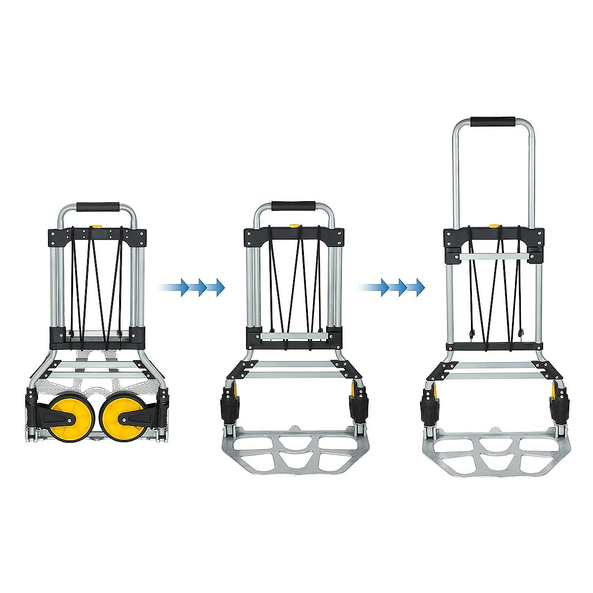 Mount-It! Folding Hand Truck and Dolly, 264 Lb Capacity Heavy-Duty Luggage Trolley Cart with Telescoping Handle and Rubber Wheels, Silver, Black, Yellow