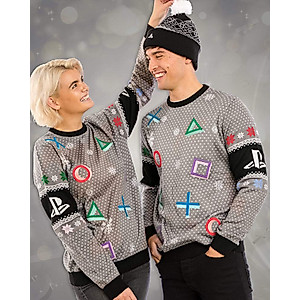 Numskull Unisex Official PlayStation Symbols Grey Knitted Christmas Jumper for Men or Women - Ugly Novelty Sweater Gift