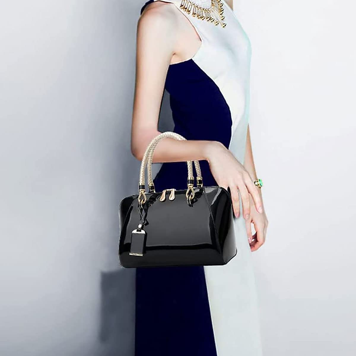 XingChen Shiny Patent Women Faux Leather Handbags Crossbody Bag Top Handle Purse Satchel Bag Shoulder Bag(Black)