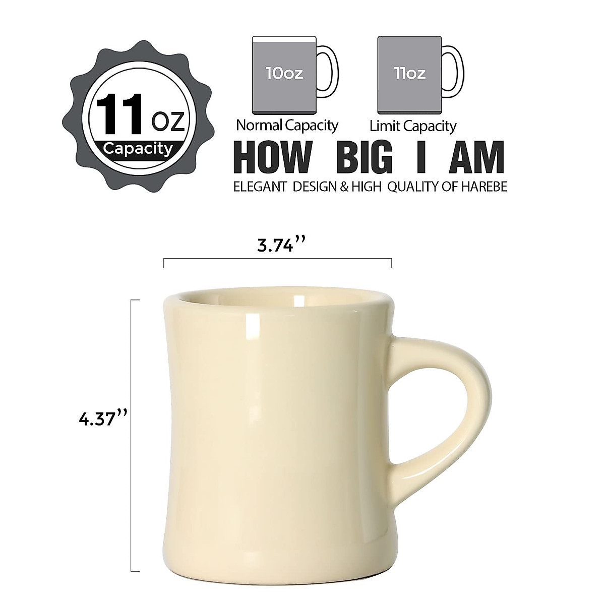 harebe Retro Coffee Cup Set of 4, 10 OZ Heavy Classic Ceramic Diner Mugs Set with Handle for Coffee, Tea, Cocoa, Milk, Latte（Cream）