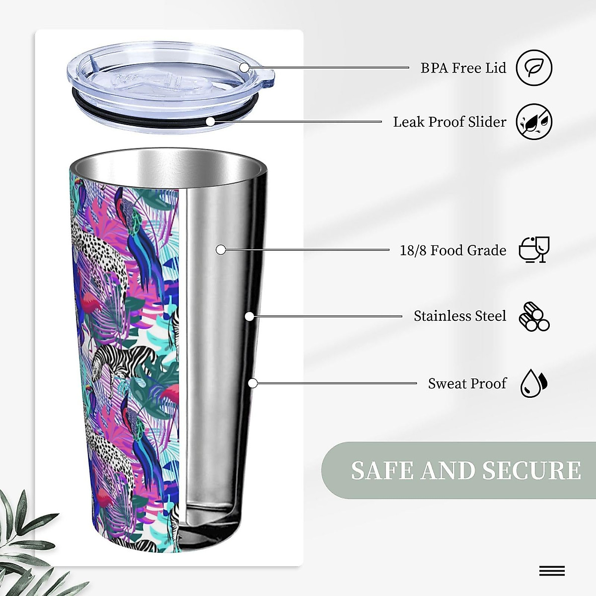 20oz Tumbler Leopard Hippo Peacock Double Wall Vacuum Insulated Coffee Mug with Lid and Metal Straw Brush Reusable Stainless Steel Water Bottle Travel Cup Gifts for Car Ice Drinks Hot Beverage