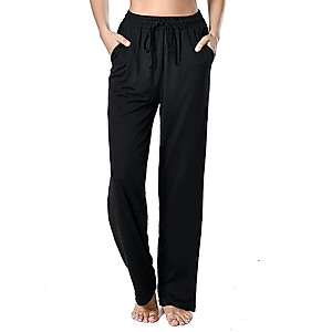 LNJE BETTER AND BETTER Women's Drawstring Pants, Wide Leg Yoga Sweatpants Comfy Loose Straight Lounge Pants with Pockets-Black, L