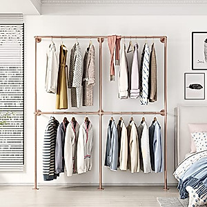 BOSURU Industrial Pipe Clothing Rack Wall Mounted,Clothes Racks with Double Hanging Rods for Closet Storage(Rose Gold)