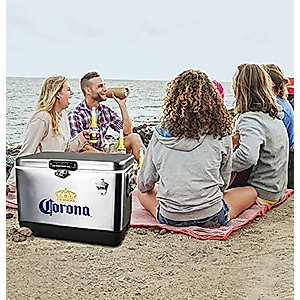 Corona Ice Chest Beverage Cooler with Bottle Opener, 51L (54 qt), 85 Can stainless steel Portable Cooler, Silver and Black, for Camping, Beach, RV, BBQs, Tailgating, Fishing