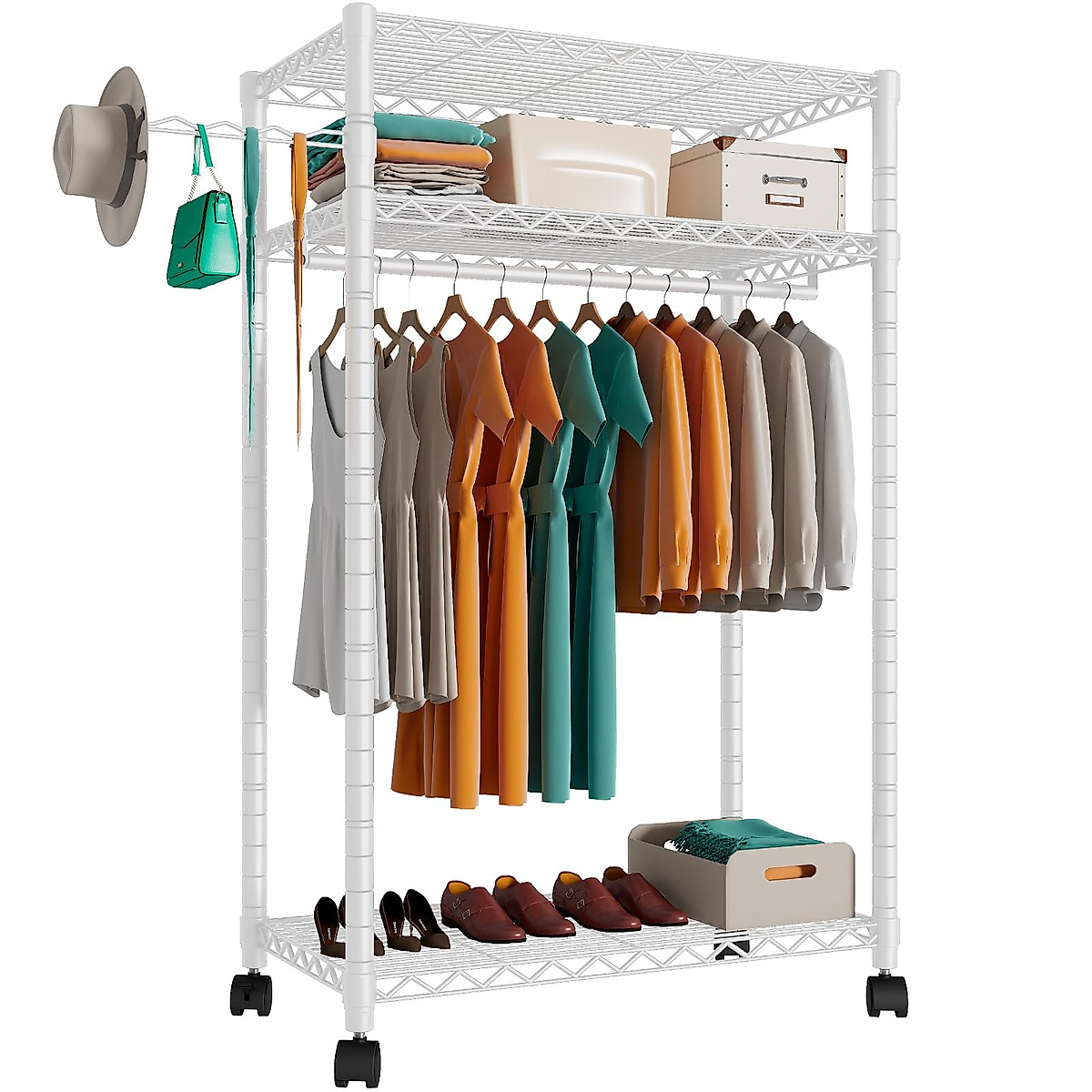 PUNION Heavy Duty Rolling Garment Rack,Portable Clothes Rack for Hanging Clothes,Clothing Rack,Wardrobe Storage Rack with 3 Shelves,1 Hang Rod,1 Side Hook,36" Lx18 Wx71 H, Max Load 500LBS, White,GR1