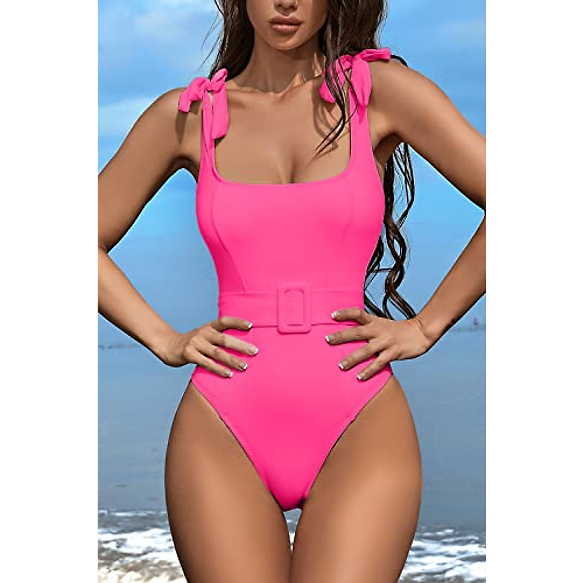 QINSEN One Piece Swimsuits for Women with Adjustable Tie Straps Elastic Belt Moderate Coverage Bathing Suit Rosy L
