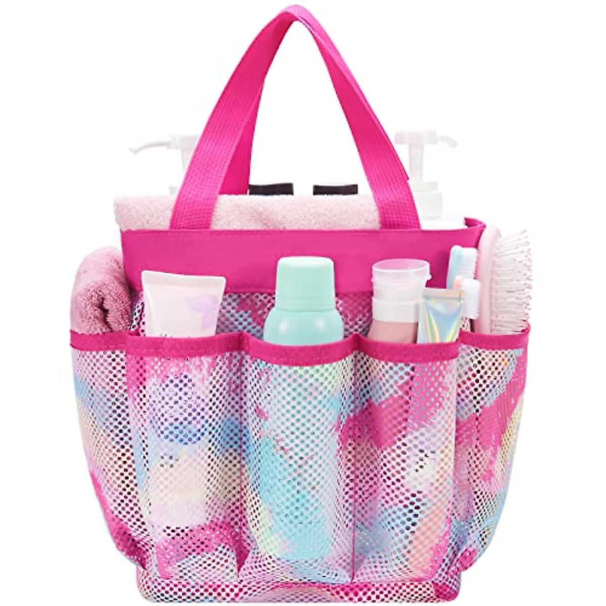 Mesh Shower Bag for Dorm Room - 9” x 9” x 9.5” Toiletry Shower Caddy for Women Students Tie Dyed Pattern Shower Tote Large Capacity Portable with 8 Pocket for Gym College Bathroom Beach Essentials