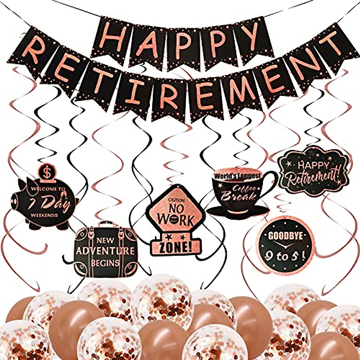 Retirement Party Decorations for Women Black Rose Gold Happy Retirement Banner and Swirls with Rose Gold Confetti Balloons Kit for Female Retirement Decor