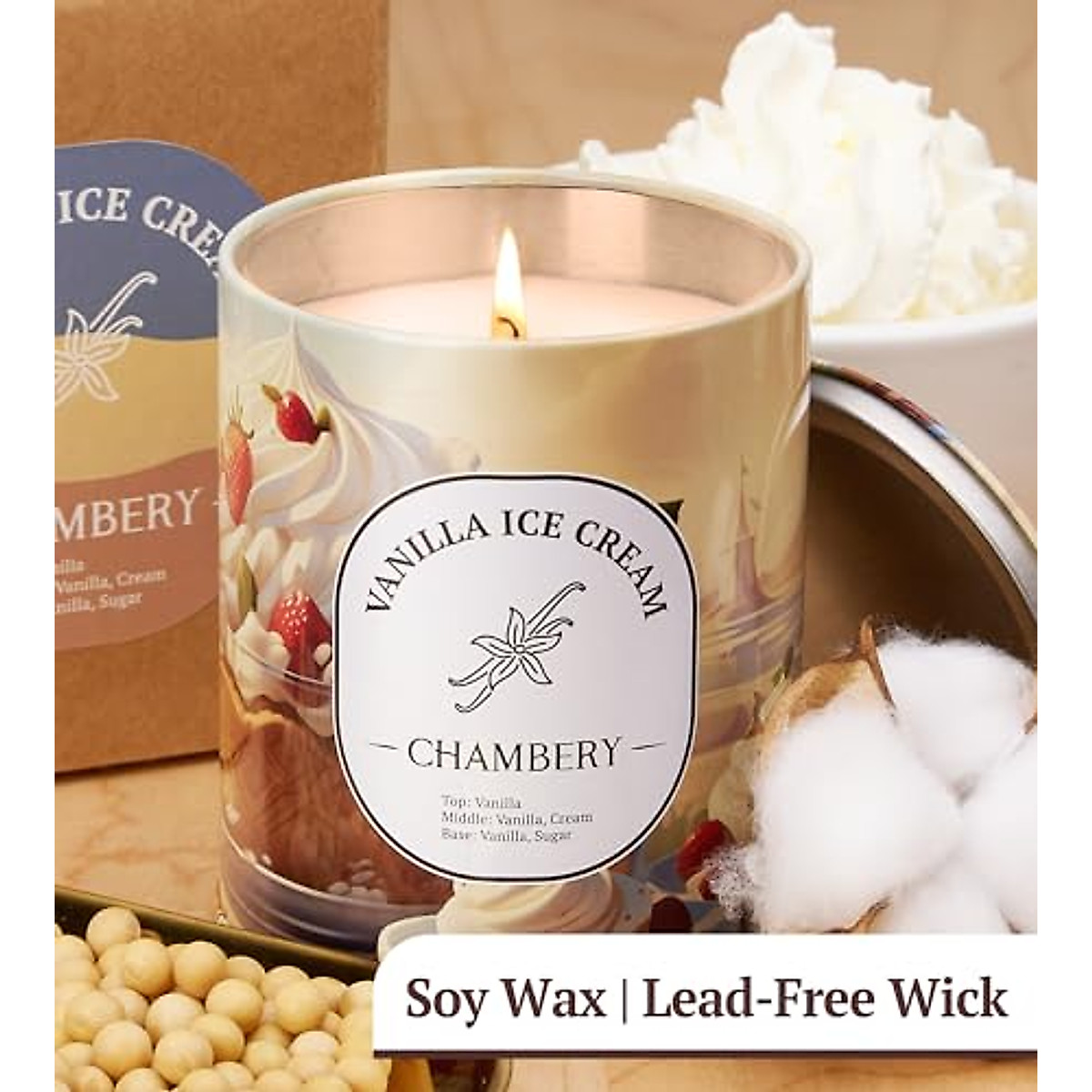 CHAMBERY Vanilla Bean Candle | Sundae Desert Artistry in Tin | Soy Wax with Lead-Free Cotton Wick | 55-Hour Burn | Timeless Aroma for All Seasons