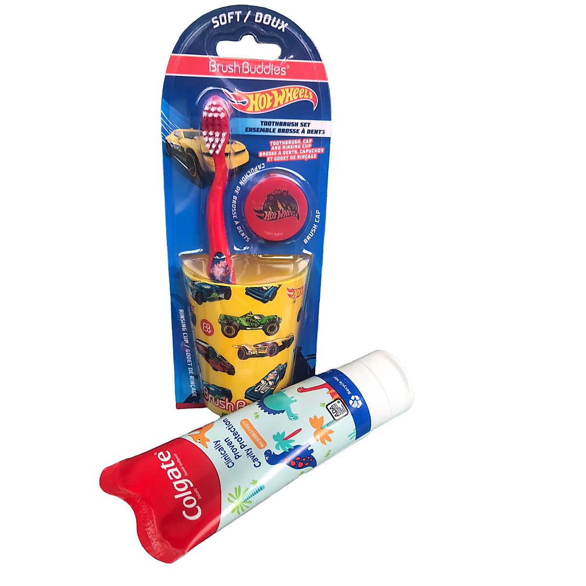 Kids Soft Bristles Toothbrush Set,Cap, Rinsing Cup Decorated with Race Cars, Easy to Grip, Kids Toothpaste (Bonus Included)