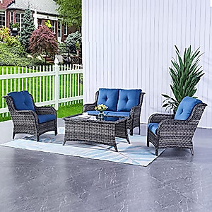 HUMMUH Outdoor Wicker Chairs PE Rattan Patio Dining Chairs Set of 2 High Back Curved Armrest Porch Chairs with 4 inch Seat Cushions (Grey Chairs with Blue Cushions, 35‘’D x 31''W x 35''H)