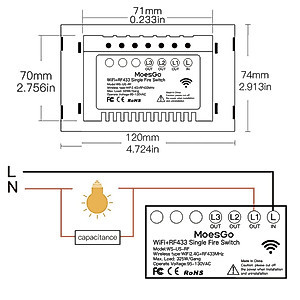 MoesGo 2nd Generation WiFi RF433 Smart Touch Wall Single Fire Smart Switch，No Neutral Wire Needed,Compatible with Smart Life/Tuya App, Works with Alexa and Google Home Single Pole 110V White 1 Gang