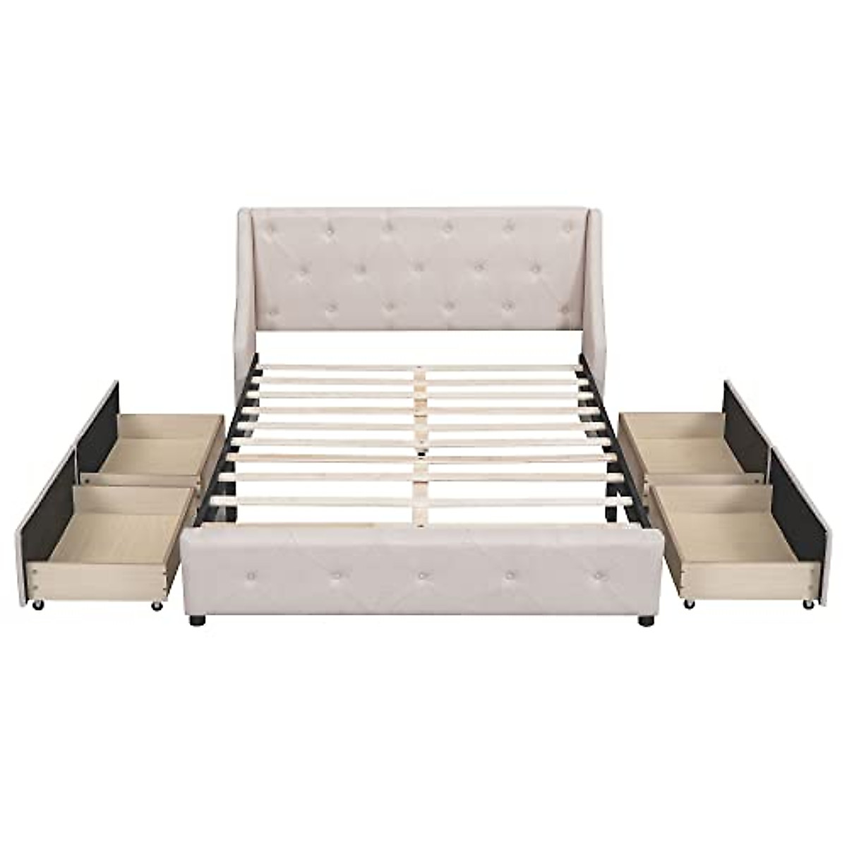 OPTOUGH Queen Size Upholstered Platform Bed with 4 Drawers and Wingback Tufted Headboard and Modern Storage Queen Bed Frame with Slats Support,Linen Fabric,No Spring Box Needed,Beige