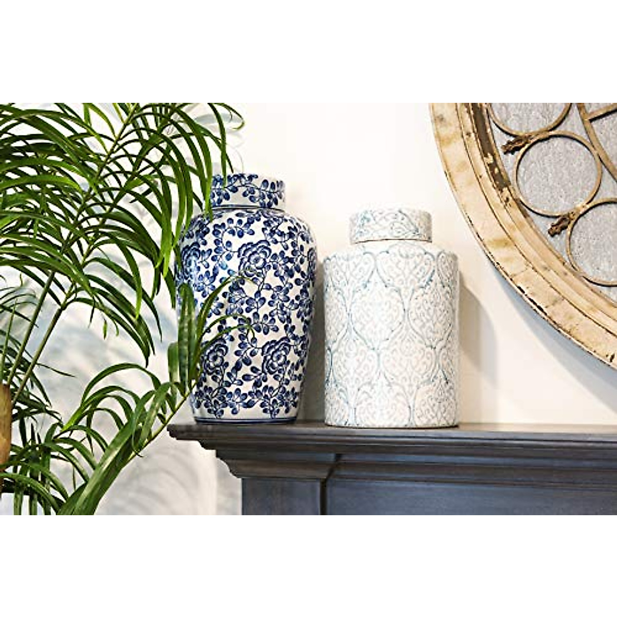 Creative Co-Op Decorative Ceramic Ginger Jar with Lid, Blue and White Large