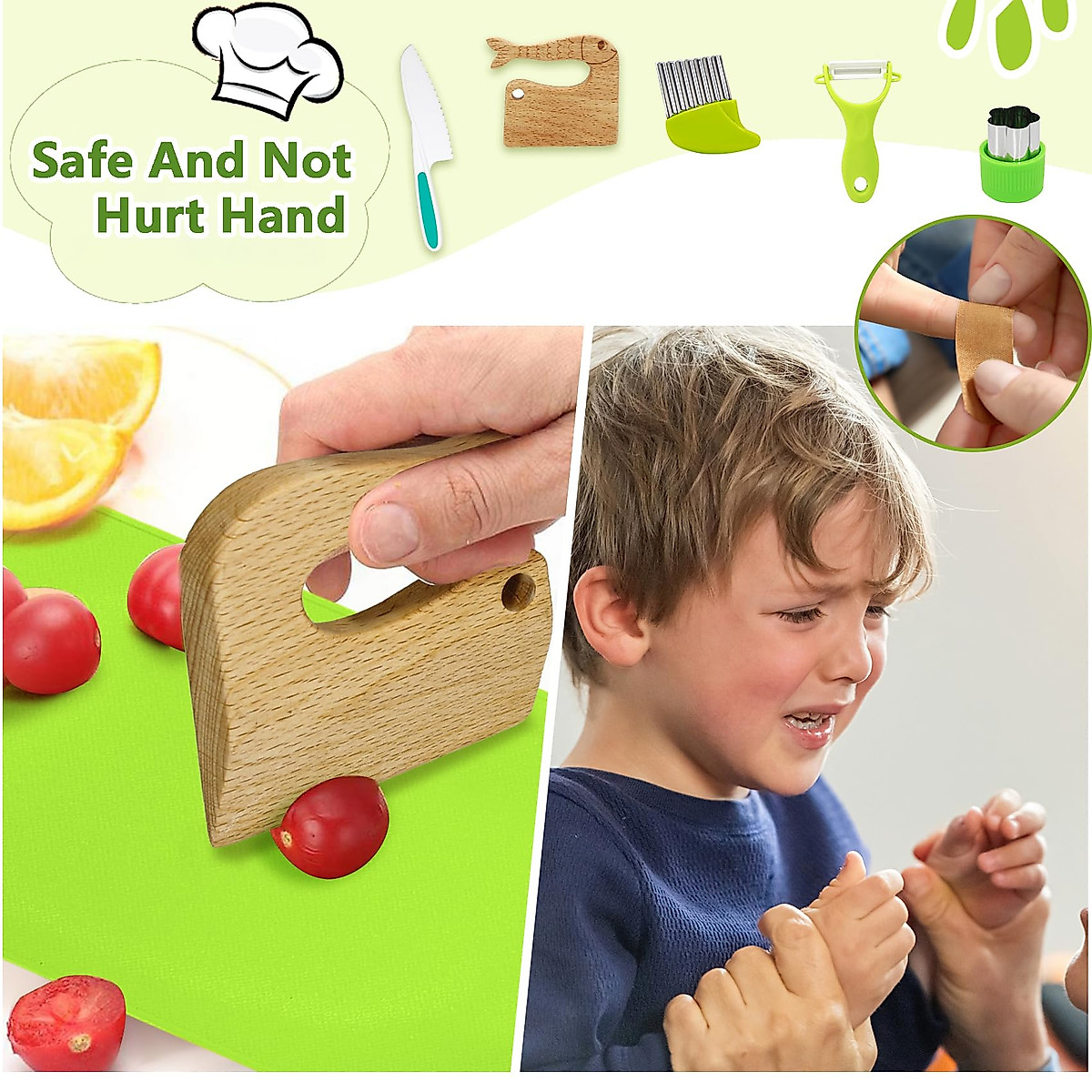 15 PCS Montessori Kitchen Tools for Toddlers Kids Cooking Sets, Apron, Serrated Toddler Knife, Crinkle Cutter, Sandwich Cutter, Wooden Fruit Knife, Y Peeler, Cutting Board for Cooking Kid Safe Knives