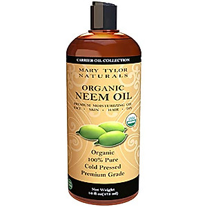 Mary Tylor Naturals Organic Neem Oil (16 oz), USDA Certified, Cold Pressed, Unrefined, Premium Quality, 100% Pure Great for Skincare and Hair Care