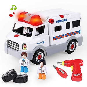 REMOKING Learning Take Apart Toy, Build Your Own Car Toy Ambulance Educational Playset with Tools and Power Drill, DIY Assembly Car Gifts for Kids with Realistic Sounds & Lights (3+ Ages)