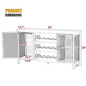LED Wine Bar Cabinets for Home – Industrial Liquor Cabinet Bar with 2 Hinged Doors, Adjustable Wood and Steel Bar Table with Bottles Rack, Kitchen Farmhouse Coffee Bar, Living Room Furniture, Grey