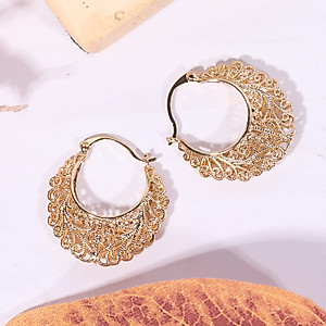 Jiulory Golden Filigree Earrings Vintage Filigree Hoop Earrings Oval Hollowed Gold Plated Dangle Earrings Click-Top Boho Yellow Fashion Earrings for Women