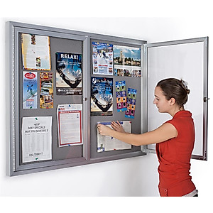Displays2go 48 x 36 Inch Wall Mounted Enclosed Bulletin Board with 2 Doors, Locking, Aluminum (FBSW43SVLG)