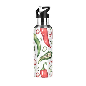 Chilli Hot Pepper Insulated Water Bottle with Straw Lid Stainless Steel Vacuum Bottles with Handle for Hot & Cold Drinks 20 oz BAP-Free