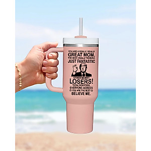 DOUBLECHILD Mothers Day Gifts for Mom from Daughter, Son, Kids - Great Mothers Day Tumbler - Ideas Presents for Mom on Birthday, Xmas - Insulate Stainless Steel Tumbler 20oz, Pink 40oz with Handle
