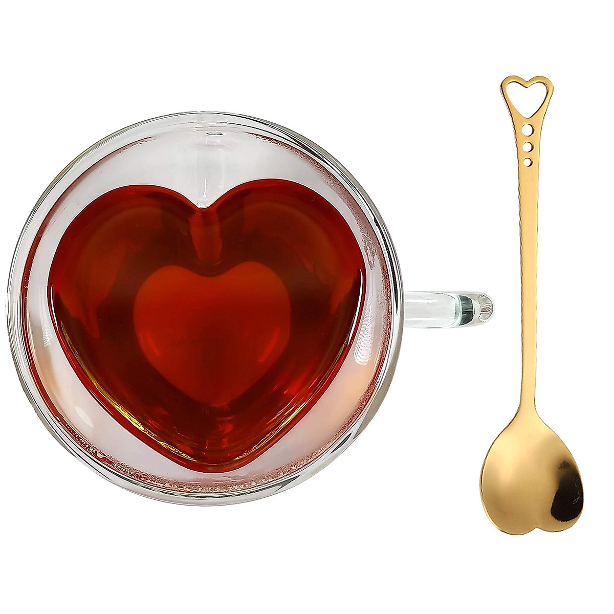 Heart Shaped Cup - Double Walled Insulated Glass Coffee Mug or Tea Cup - Double Wall Glass 10oz (300ml) - Clear - Unique & Insulated with Handle - With Teaspoon