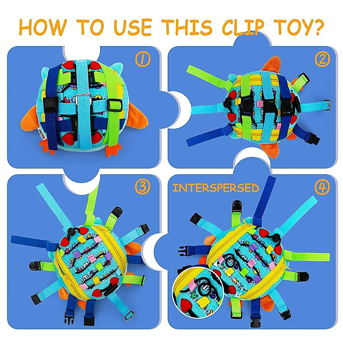 beetoy Sensory Buckle Pillow Zipper Toys for Toddlers 1-3, Toddler Travel Toys for Plane Keep Baby Busy Toys for Autistic Kids - Develop Fine Motor and Problem-Solving Skills