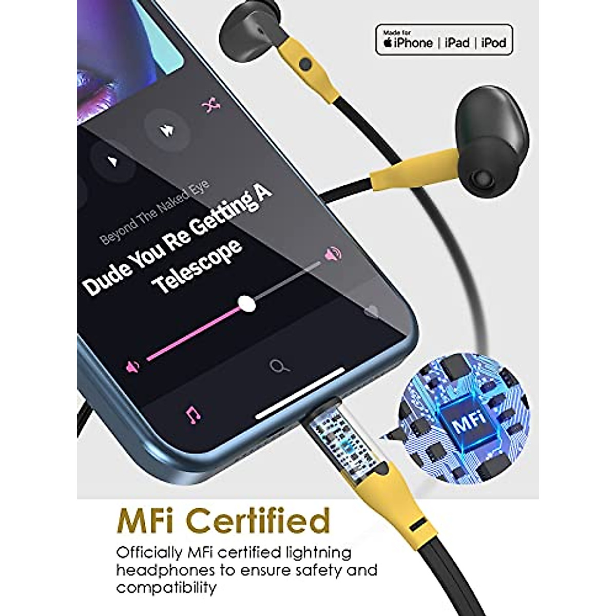 iPhone Headphones Wired with Lightning Connector, Wired Earbuds for iPhone,Apple MFi Certified Earphones with Microphone & Volume Control，Compatible for iPhone 14/13/12/11/Pro Max/XR/XS/X/8/7/SE