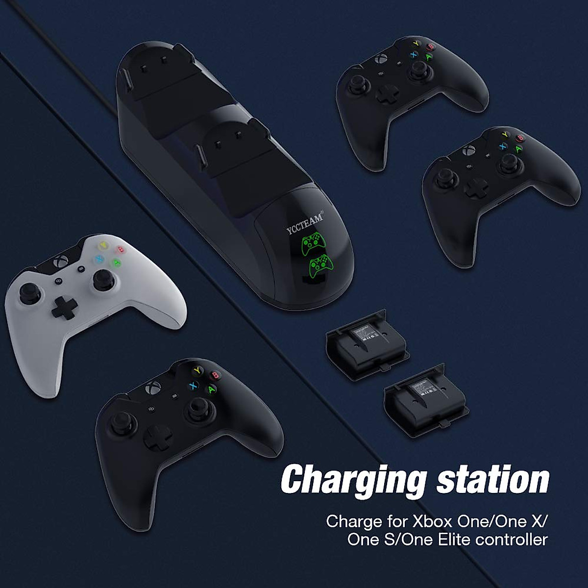 Dual Controller Charger for Xbox One, Docking Charger Station Kit Compatible with Xbox One/One X/One S Elite Controller, with 2 x 1200mAh Rechargeable Battery Packs, Two Slots and High Speed Charging