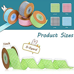 4 Rolls Easter Wired Ribbons Gingham Ribbon Buffalo Check Wired Edge Ribbon Plaid Wrapping Ribbons Christmas Ribbon for DIY Crafts Holiday Party Home Decorations, 1 Inch, 22 Yards