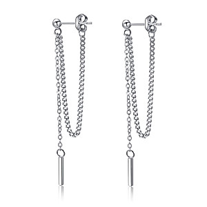 SLUYNZ Solid 925 Sterling Silver Bar Dangle Earrings for Women Minimalist Dangle Earrings Threader Chain (A-Silver)
