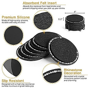 Coasters for Drinks with Holder,Avkast 6PCS Silicone Drink Coasters with Soft Felt Insert Bling Rhinestone Absorbent Coasters for Coffee Table Desk Office Bar Home- Black
