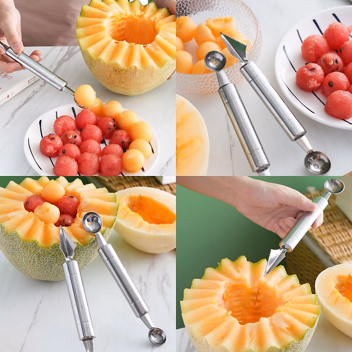 Generic 3-in-1 Watermelon Fork Slicer Cutter, 104Pcs Watermelon Forks Cutter Slicer Tool Kit, Stainless Steel Watermelon Melon Baller Scoop Popsicle Cutter Tool Knife Fruit Forks for Camping Kitchen