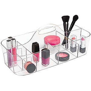 mDesign Plastic Divided Cosmetic Organizer Caddy Tote Bin with Handle, for Bathroom Vanity Storage - Holds Blush, Makeup Brushes, Palettes, Lipstick, Nail Polish - Lumiere Collection - Clear