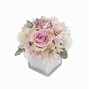 G Home Collection Plush Pink Rose Hydrangea Floral Arrangement in Glass Vase