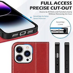 SHIELDON Case for iPhone 14 Pro Max 5G, Genuine Leather Wallet Case Magnetic Cover RFID Blocking Card Holder Kickstand Drop Protection Case Compatible with iPhone 14 Pro Max 6.7" 2022 - Retro Red