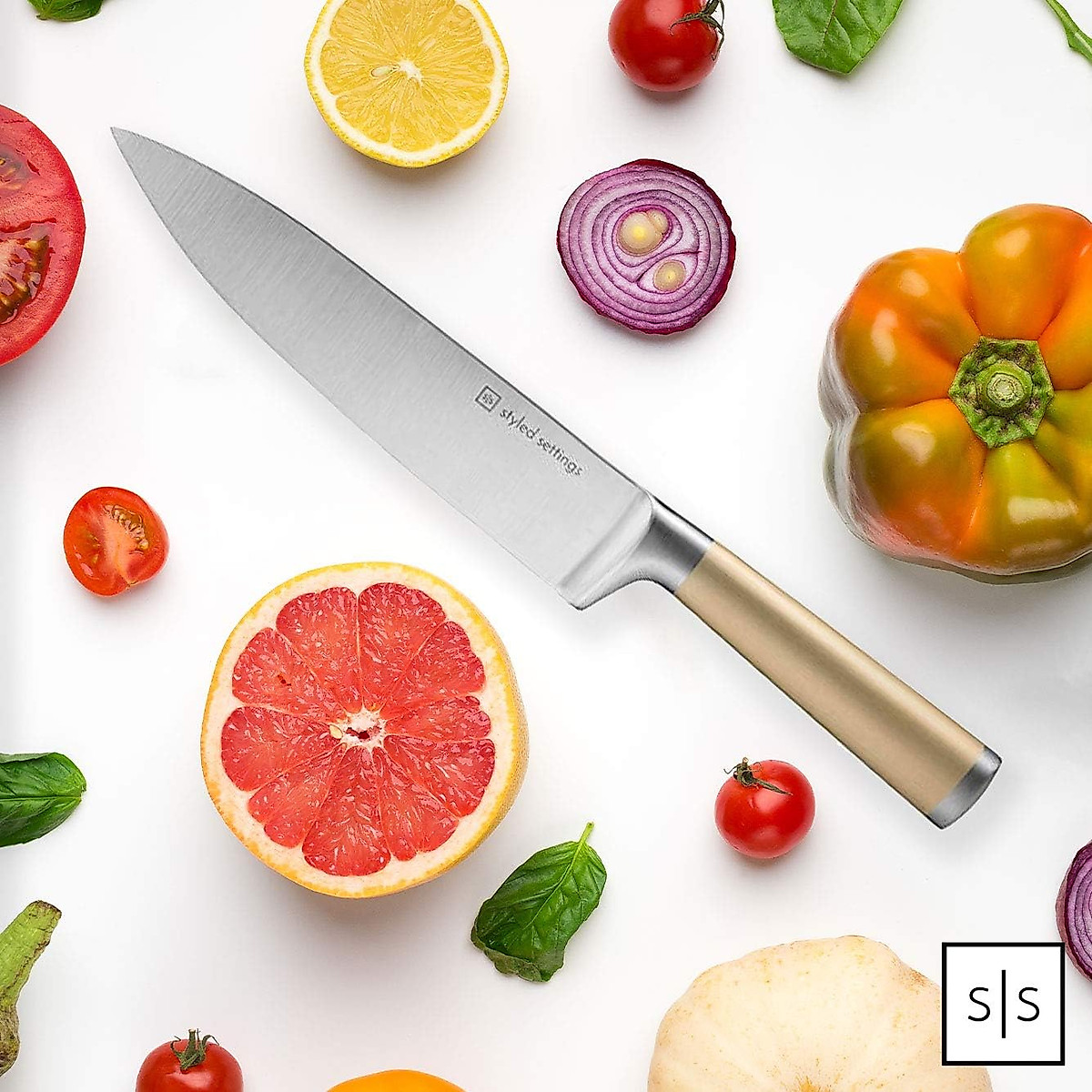 Gold Knife Set with Walnut Knife Block, 13-piece Kitchen Knives Stainless Steel Gold Knives Set, Full Tang, Knives Gold - Gold Kitchen Accessories