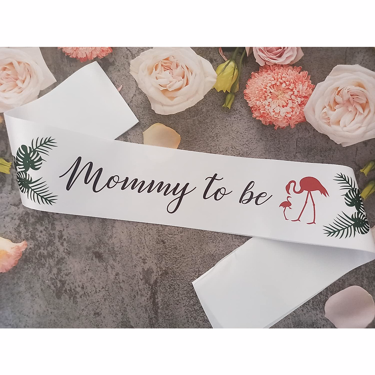 Mommy to Be Sash for Baby Shower - Flamingo and Palm leaf Sash for New Mom -Gift Ideal for Gender Reveal, Pregnancy Announcement, Welcome Baby,Pink or Blue Party Decorations
