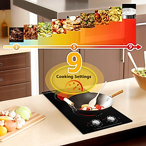 Cusinesync 12 Inch Electric Cooktop, 2 Burner Electric Stove Top with 9 Power Levels, Knob Control, Auto shutdown and Residual Heat Warning, 2000W, Ideal for Countertop & Built-In Use (110-120V)