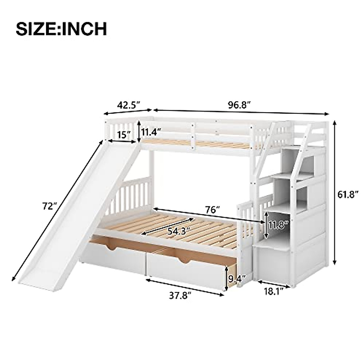 Twin Over Full Bunk Bed with 2 Drawers and Slide,Solid Wood Bunk Bed Frame with Convertible Storage Staircase for Kids, Teens Bedroom, Guest Room Furniture, No Box Spring Needed