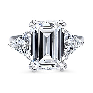 BERRICLE Sterling Silver 3-Stone Wedding Engagement Rings Emerald Cut Cubic Zirconia CZ Statement Cocktail Anniversary Ring for Women, Rhodium Plated Size 7
