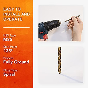 AugTouf Cobalt Drill Bit Set (13 pcs), M35 HSS Metal Drill Bits for Steel, Stainless Steel, Metal and Cast Iron,1/16"-1/4"