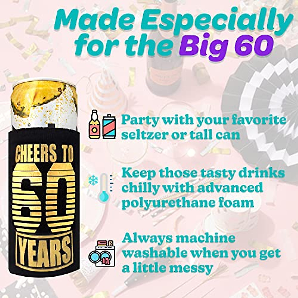 Thin Seltzer Can Cooler 12 Pack, 60th Birthday Decor and Party Favors, Beverage Sleeves Gift for Dad's 60th Birthday Party, Decorations & Party Supply, 60s Birthday Decorations for Men, Black & Gold