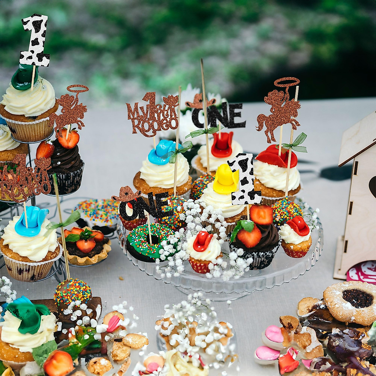 24Pcs Cowboy 1st Birthday Cupcake Toppers Glitter First Birthday Hat Cowboy One Cake Decorations for Western Theme Baby Shower Kids Boys 1st Birthday Party Supplies Brown