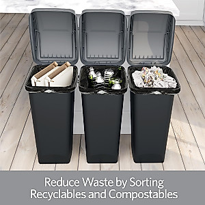Glad Link & Sort 36 Gallon Waste and Recycle Center - 3x12G (3x45L) Plastic Bin Compartments for Trash, Recycling, Compost with Odor Protection and Swing Top and Lift Up Lids