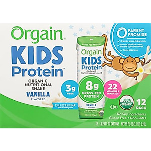 Orgain Organic Kids Nutritional Protein Shake, Vanilla - Kids Snacks with 8g Dairy Protein, 22 Vitamins & Minerals, Fruits & Vegetables, Gluten Free, Soy Free, Non GMO, 8.25 Fl Oz (Pack of 12)