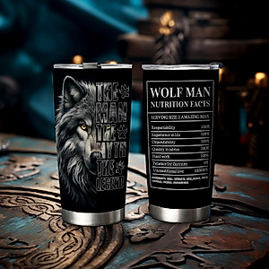 20oz Wolf Tumbler, Wolf Man Nutrition Fact The Man The Myth The Legend, Wolves Gifts, Coffee Thermos for Men, Stainless Steel Double Wall Vacuum Insulated Coffee Mug, Travel Cup with Lid
